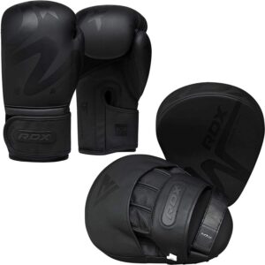 rdx boxing pads and gloves set, convex skin leather hook and jab target focus mitts with punching gloves, good for muay thai, kickboxing, martial arts, karate, coaching and mma training matte black