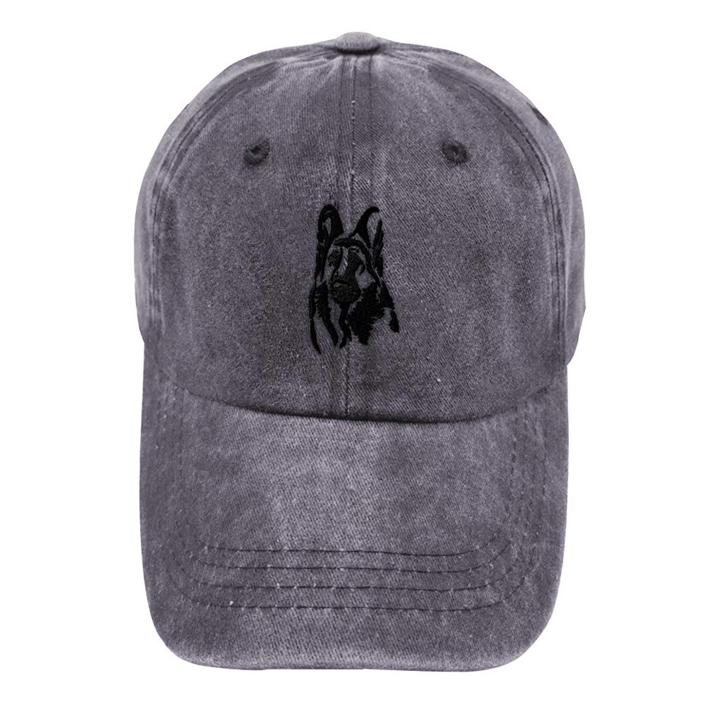 Vintage Washed Hat Black German Shepherd Dogface Embroidery Cotton Dad Hats for Men & Women Buckle Closure Grey Design Only