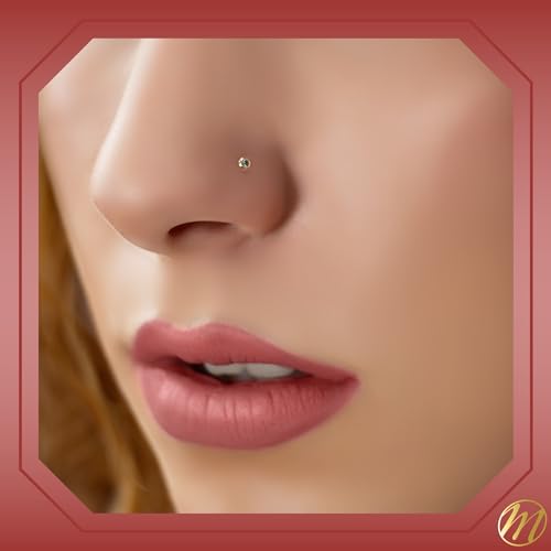 Massete 14k Gold Nose Ring with Simulated Diamond Stud Piercing Body Bezel Set Micro Yellow