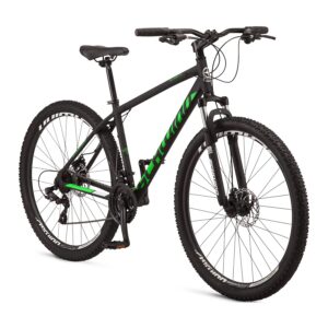 schwinn high timber alx mountain bike for adult men women, 29-inch wheels, 21-speeds, front suspension, aluminum frame, mechanical disc brakes, black/green