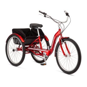 schwinn meridian deluxe adult tricycle bike, mens and womens three wheel beach cruiser, 26-inch wheels, low step-through frame, wide seat, rear folding basket, 3-speed, red