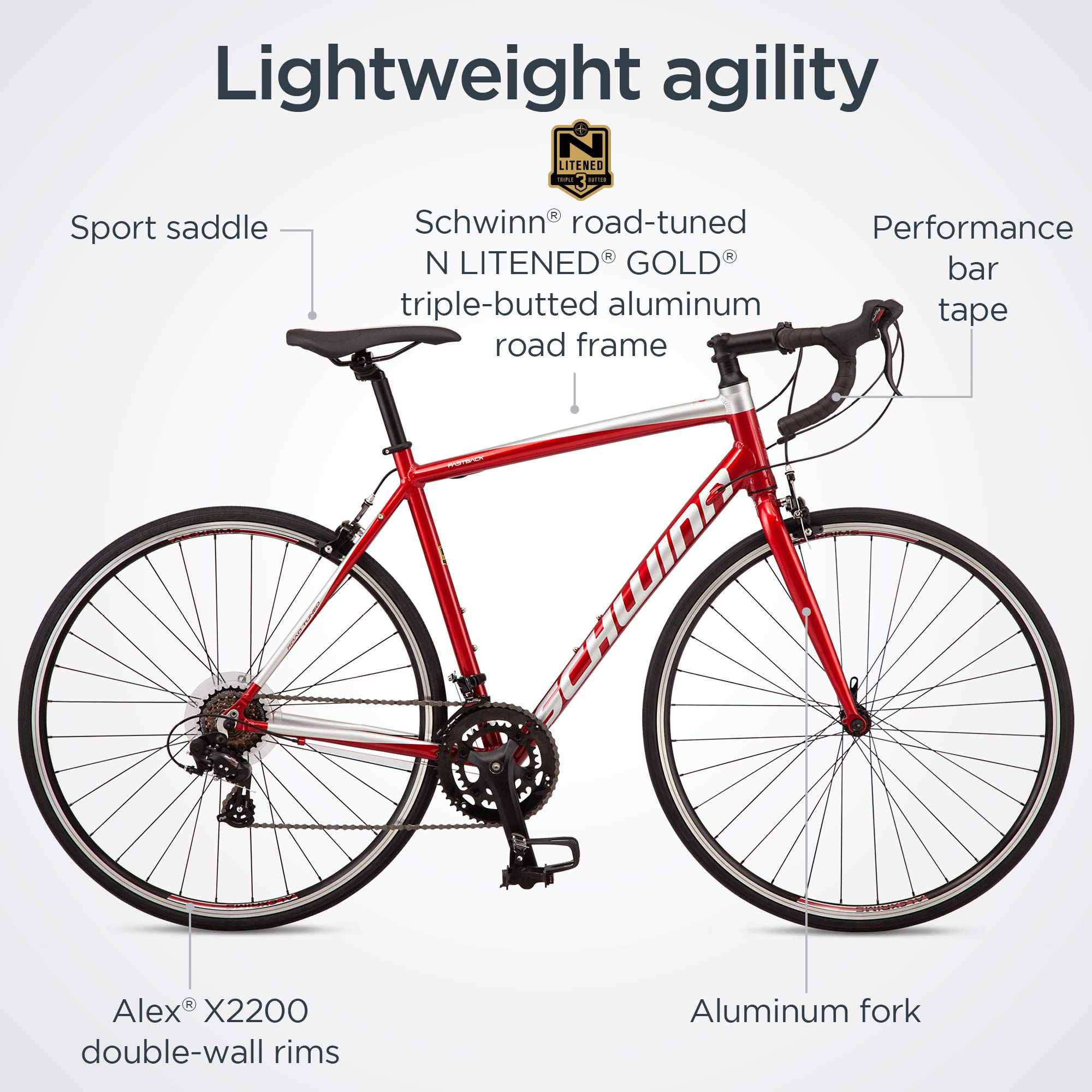 Schwinn Fastback Tourney AL Adult Performance Road Bike, Beginner to Intermediate Bicycle Riders, 700c Wheels, 14-Speed Drivetrain, Large Aluminum Frame, Red