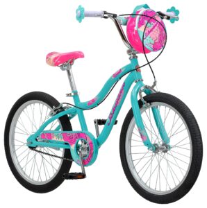 schwinn hazel kids bike, for girls and boys ages 7 and up, 20-inch wheels, single speed, with training wheels, bag, and flower grip ends, suggested rider height 4'0" to 5'0", teal