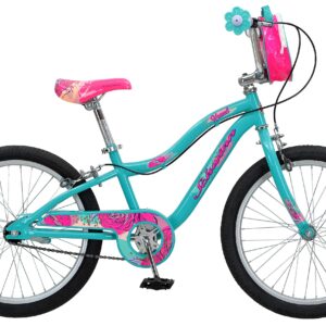 Schwinn Hazel Kids Bike, For Girls and Boys Ages 7 and Up, 20-Inch Wheels, Single Speed, With Training Wheels, Bag, and Flower Grip Ends, Suggested Rider Height 4'0" to 5'0", Teal