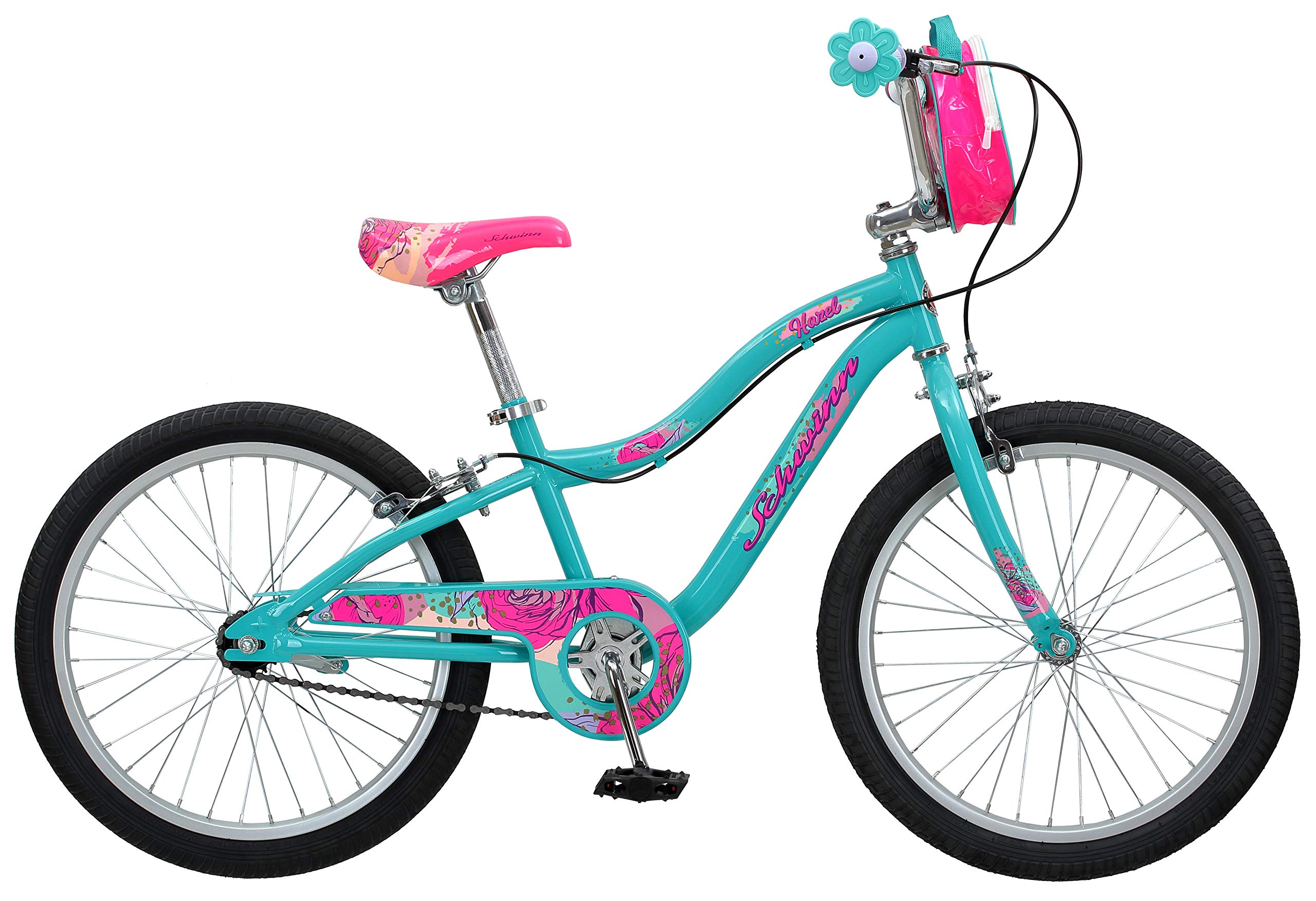 Schwinn Hazel Kids Bike, For Girls and Boys Ages 7 and Up, 20-Inch Wheels, Single Speed, With Training Wheels, Bag, and Flower Grip Ends, Suggested Rider Height 4'0" to 5'0", Teal