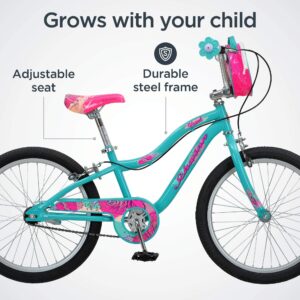 Schwinn Hazel Kids Bike, For Girls and Boys Ages 7 and Up, 20-Inch Wheels, Single Speed, With Training Wheels, Bag, and Flower Grip Ends, Suggested Rider Height 4'0" to 5'0", Teal