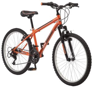 pacific mountain sport youth/adult hardtail mountain bike, boys and girls, 24-inch wheels, 18 speed twist shifters, front suspension, steel frame, orange