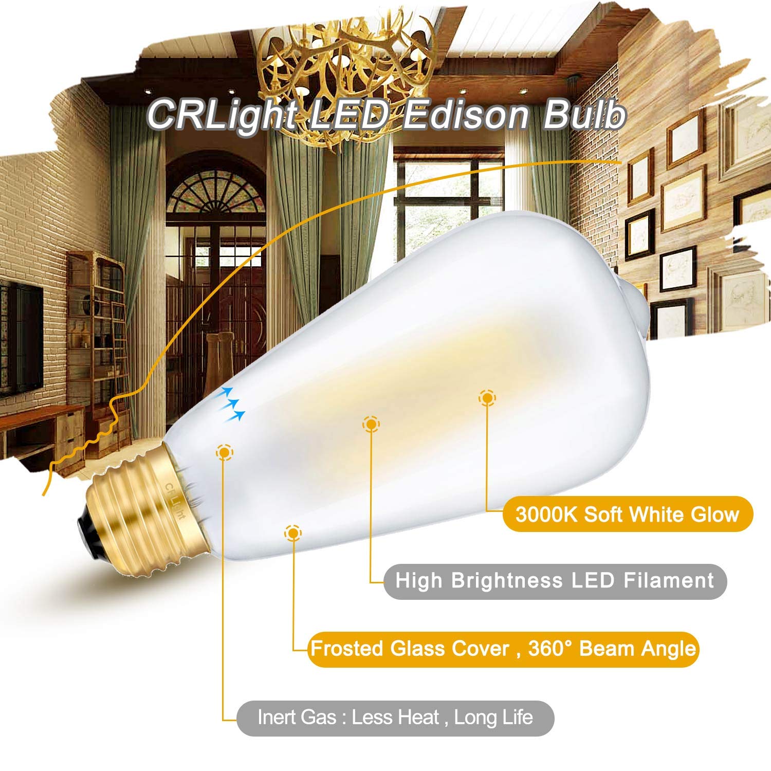 CRLight 8W Dimmable LED Edison Bulb 3000K Soft White, 70W Equivalent 700 Lumens, E26 Medium Base Vintage Style ST64 Frosted Glass Lengthened Filament LED Light Bulbs, Smooth Dimming Version, 6 Pack