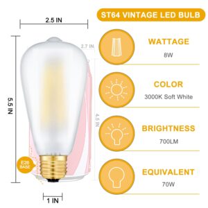 CRLight 8W Dimmable LED Edison Bulb 3000K Soft White, 70W Equivalent 700 Lumens, E26 Medium Base Vintage Style ST64 Frosted Glass Lengthened Filament LED Light Bulbs, Smooth Dimming Version, 6 Pack