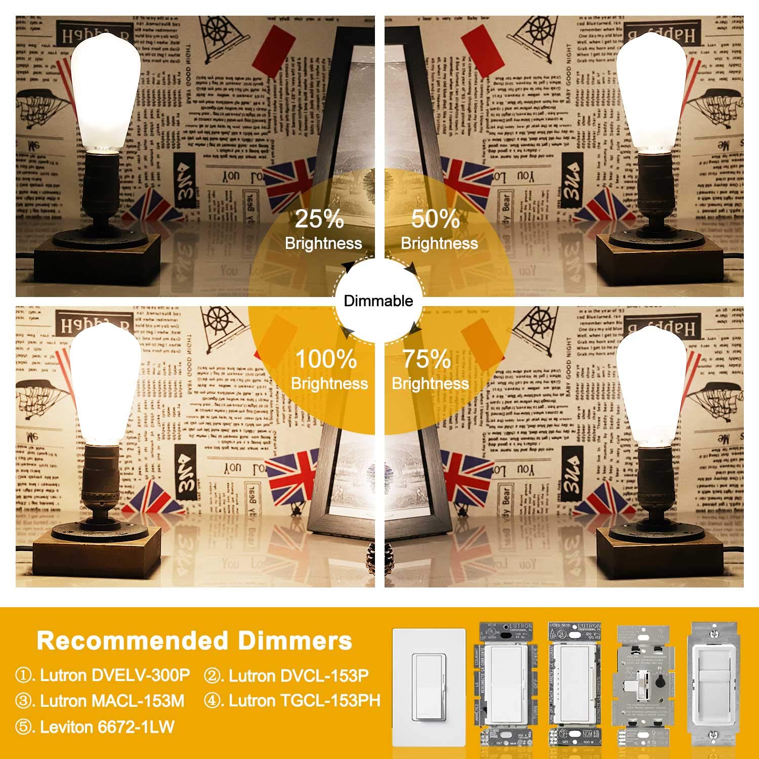 CRLight 8W Dimmable LED Edison Bulb 3000K Soft White, 70W Equivalent 700 Lumens, E26 Medium Base Vintage Style ST64 Frosted Glass Lengthened Filament LED Light Bulbs, Smooth Dimming Version, 6 Pack