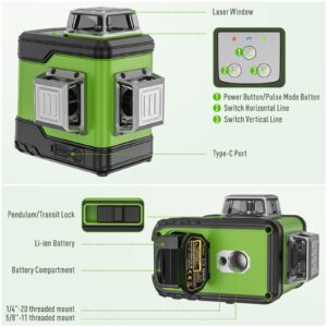 Huepar 3D Cross Line Self-Leveling Laser Level 3 x 360 Green Beam Three-Plane Leveling and Alignment Laser Tool-Switchable Vertical & Horizontal Lines, Li-ion Battery&Portable Tool Bag included