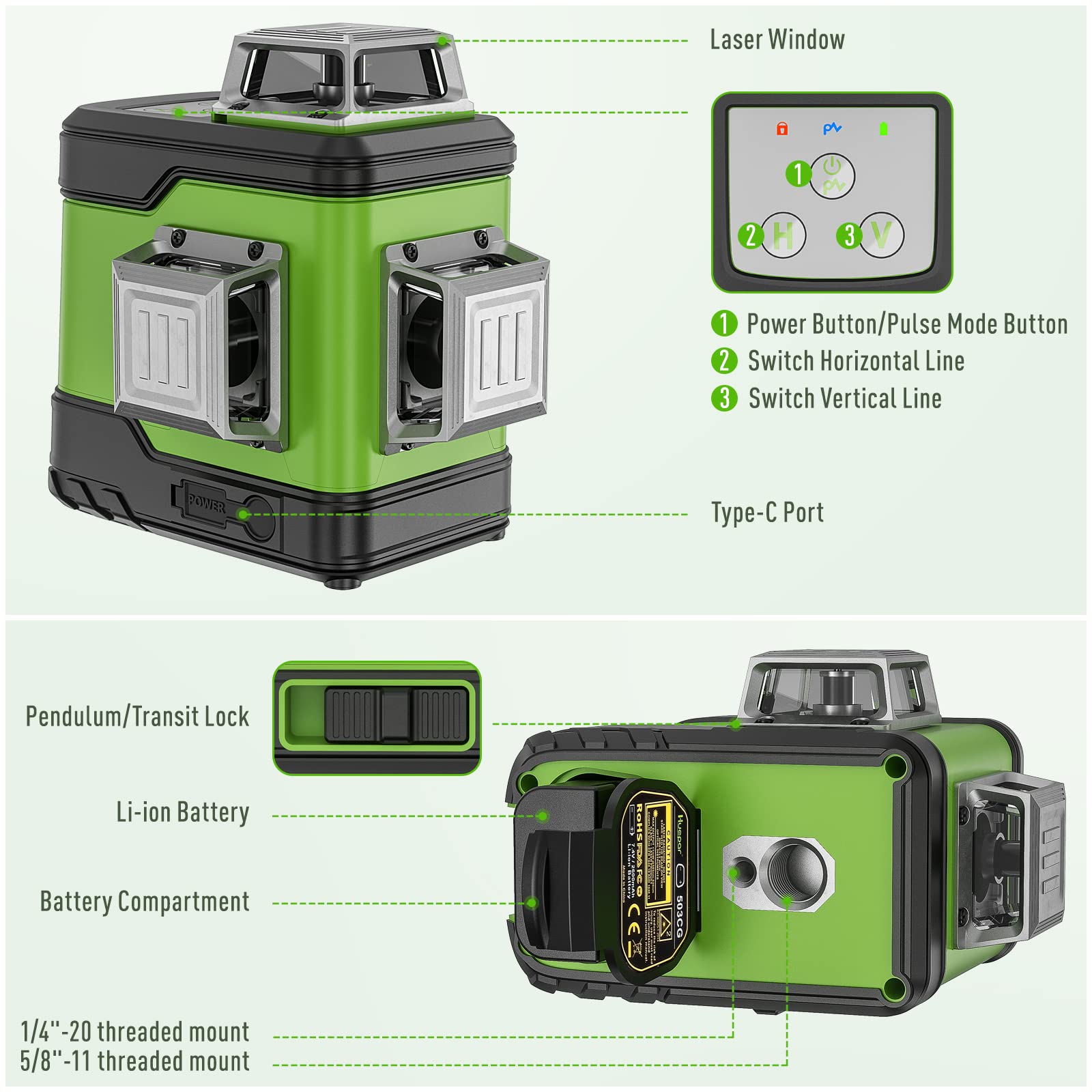 Huepar 3D Cross Line Self-Leveling Laser Level 3 x 360 Green Beam Three-Plane Leveling and Alignment Laser Tool-Switchable Vertical & Horizontal Lines, Li-ion Battery&Portable Tool Bag included