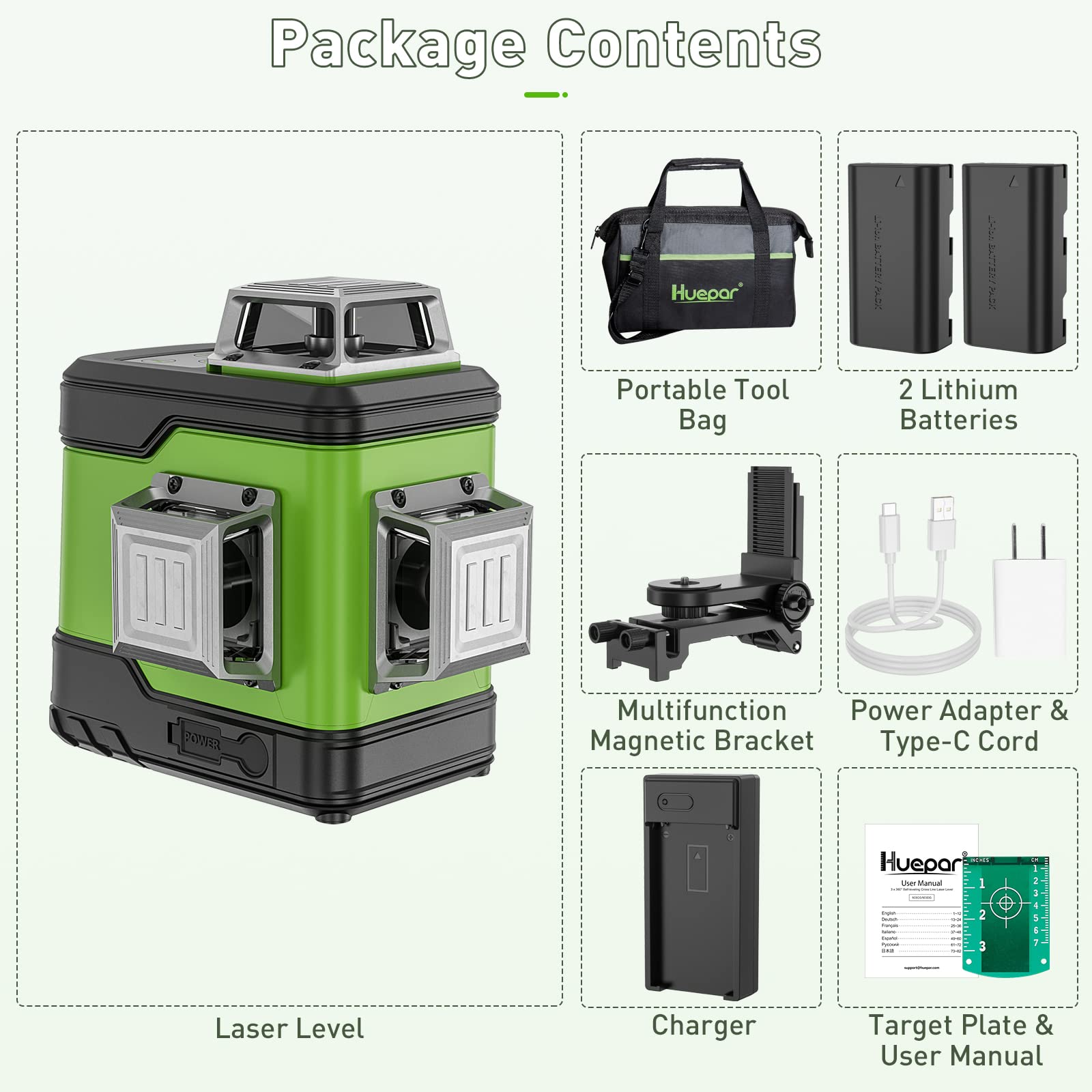 Huepar 3D Cross Line Self-Leveling Laser Level 3 x 360 Green Beam Three-Plane Leveling and Alignment Laser Tool-Switchable Vertical & Horizontal Lines, Li-ion Battery&Portable Tool Bag included