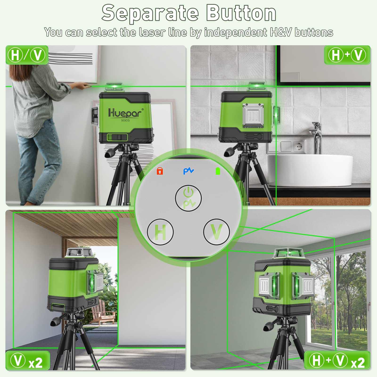 Huepar 3D Cross Line Self-Leveling Laser Level 3 x 360 Green Beam Three-Plane Leveling and Alignment Laser Tool-Switchable Vertical & Horizontal Lines, Li-ion Battery&Portable Tool Bag included