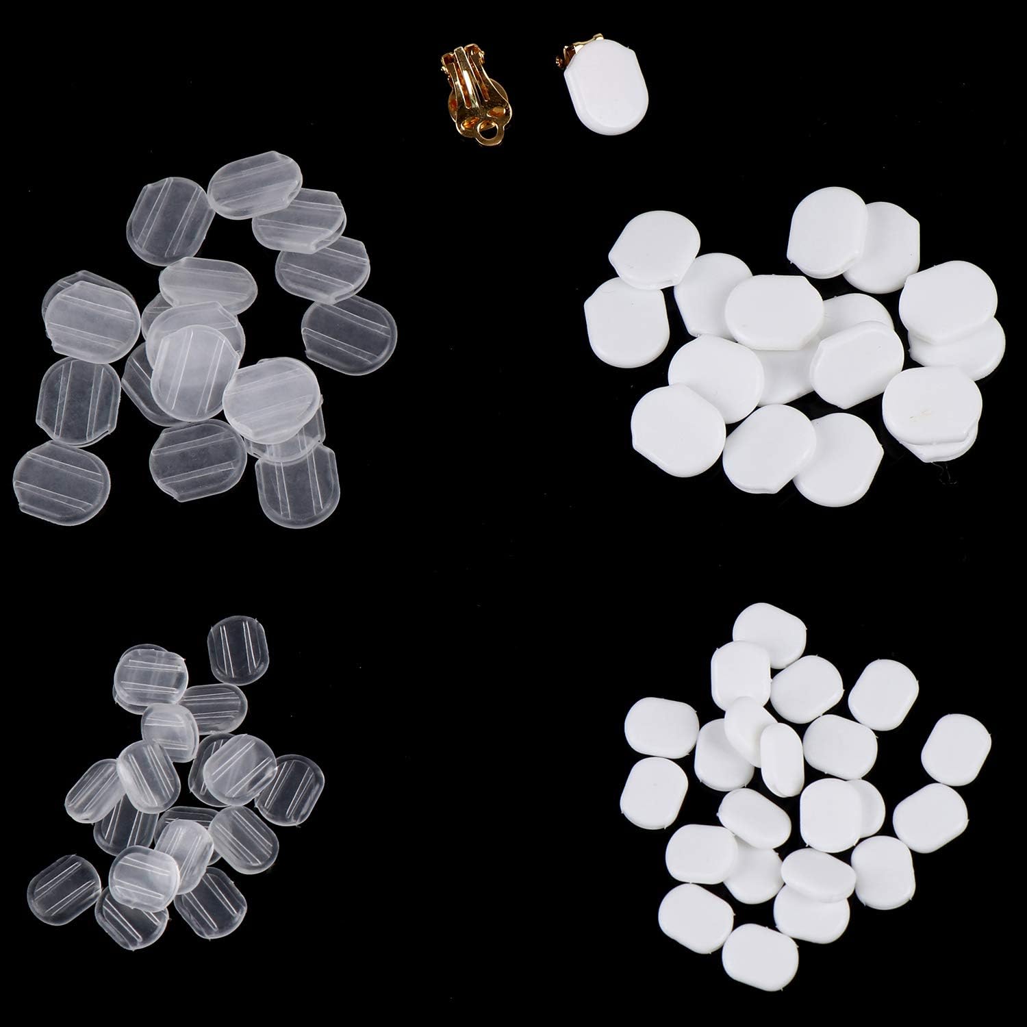 64Pcs Clip-on Earring Pads Silicone Clip Earring Pads Comfort Earring Cushions for Clips on Earrings, 2 Size, White, Clear