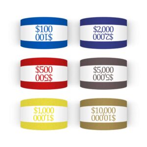 essential 7.5 x 1.25 inches 300 assorted currency straps self sealing currency bundles bands money bill band strap (300 assorted, 50 of each colors)