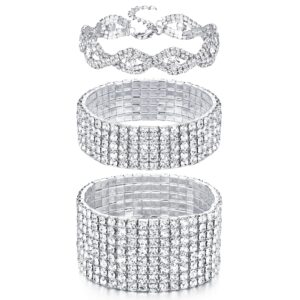 fibo steel 3 pcs rhinestone stretch bracelets for women bridal sparkly wedding strand tennis bracelet set silver-tone