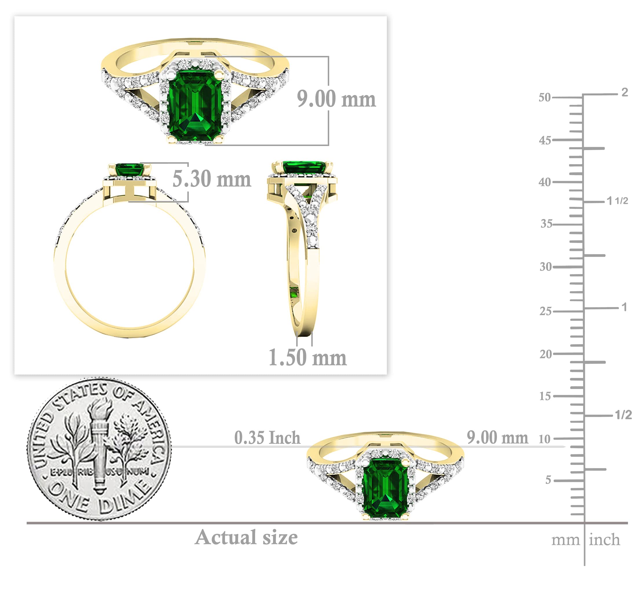 Dazzlingrock Collection 7x5mm Emerald Cut Lab Created Emerald & Round White Diamond Halo Split Shank Engagement Ring for Women in 10K Yellow Gold Size 6