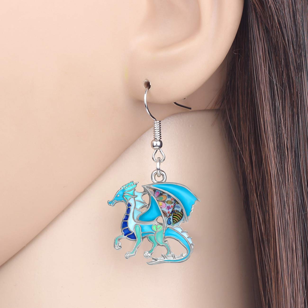 Enamel Alloy Dinosaur Fantasy Dragon Earrings Drop Dangle Unique Animal Jewelry for Women Dragons Gifts (Blue)