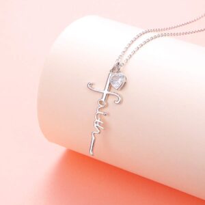 Faith Cross Necklace 925 Sterling Silver Infinity Love of God Heart CZ Faith Cross Pendant Necklace Christian Birthday Gift for Women Girls Daughter Teens, 16 inch