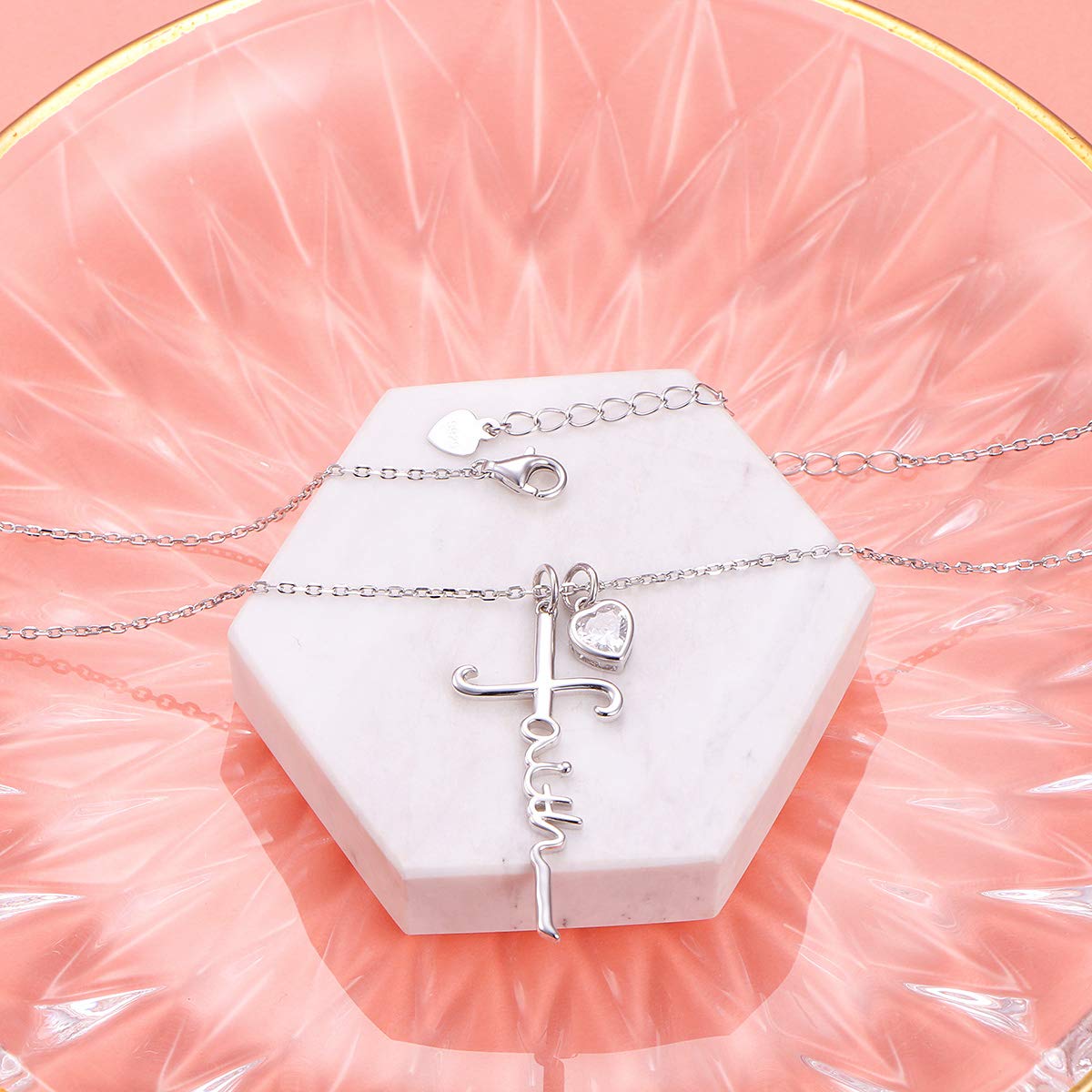 Faith Cross Necklace 925 Sterling Silver Infinity Love of God Heart CZ Faith Cross Pendant Necklace Christian Birthday Gift for Women Girls Daughter Teens, 16 inch