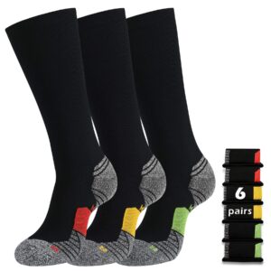 wander 6 pairs men's athletic run cushion over-the-calf tube socks（2green+2red+2yellow,size:9-12）