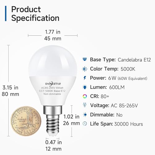 SHINESTAR 3-Pack Ceiling Fan Light Bulbs, Small Base, 120v 60w Equivalent, E12 LED Bulb, 5000K Daylight, Non-Dimmable