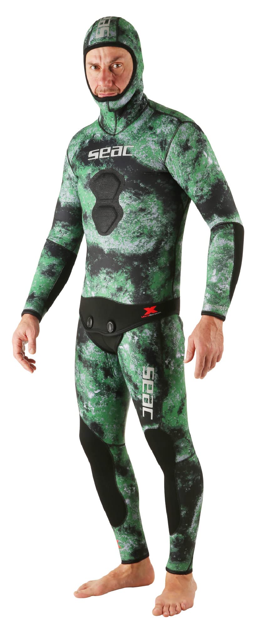 SEAC Ghost, Jacket in 7 mm Ultrastretch Neoprene with Incorporated Hood for Freediving and Spearfishing, camo Green, Medium