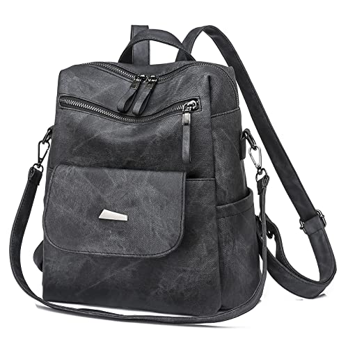 ROOSALANCE Backpack Purse for Women, Women Backpack Purse Small Leather Waterproof Anti-theft Shoulder Bags Handbags, Fashion Ladies Backpack for Daily Travel Work (Black Grey)