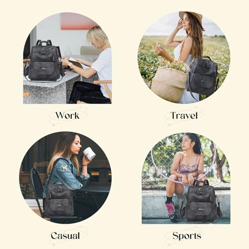 ROOSALANCE Backpack Purse for Women, Women Backpack Purse Small Leather Waterproof Anti-theft Shoulder Bags Handbags, Fashion Ladies Backpack for Daily Travel Work (Black Grey)