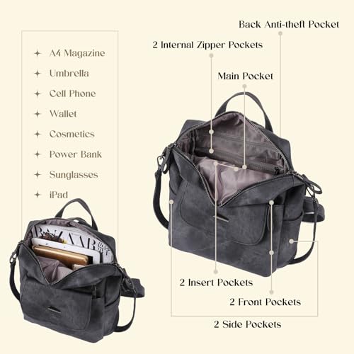 ROOSALANCE Backpack Purse for Women, Women Backpack Purse Small Leather Waterproof Anti-theft Shoulder Bags Handbags, Fashion Ladies Backpack for Daily Travel Work (Black Grey)