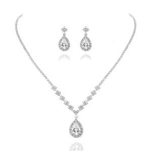 aukmla bride wedding necklace earrings set silver rhinestones necklaces bridal crystal jewelry accessories for women (set of 3)