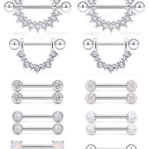 Yaalozei 16g Nipple Rings Piercing Jewelry Stainless Surgical Steel Silver Nipple Nipplerings Rings Bar Barbell Piercing Body Jewelry Rings for Women Girls Shiny CZ Round Shape