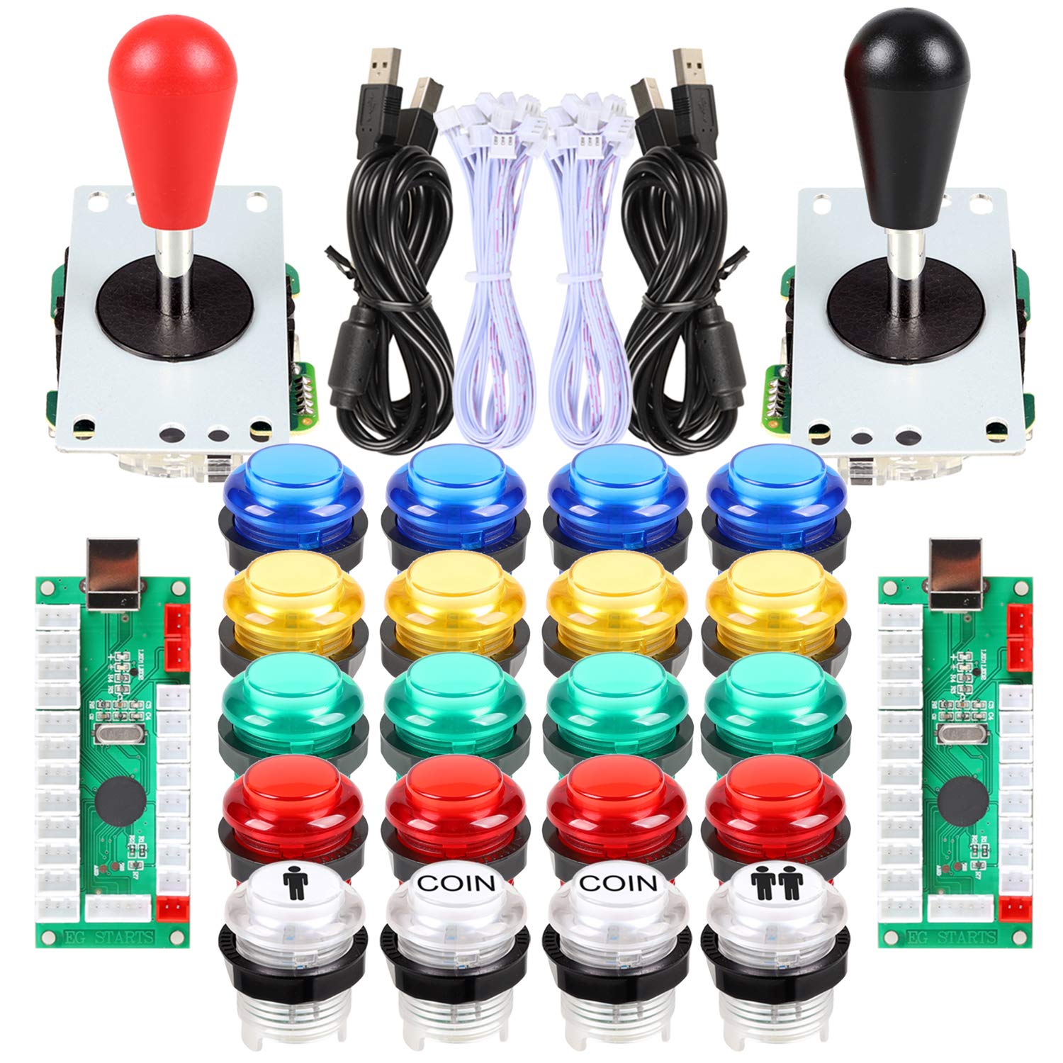 Avisiri 2 Player led Arcade Buttons and Joystick DIY kit 2X joysticks + 20x led Arcade Buttons Game Controller kit for Windows and MAME and Raspberry Pi (Mix-Colors-Kits)