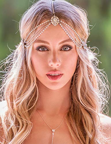 Missgrace Women Dainty Bohemian Rhinestones Gold Silver Head Chain Hair Accessories for Bridal and Girls (Gold)