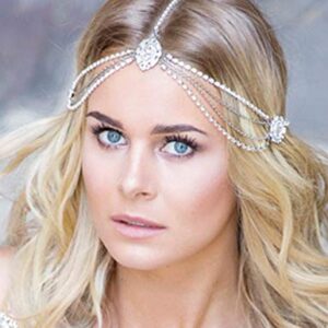 Missgrace Women Dainty Bohemian Rhinestones Gold Silver Head Chain Hair Accessories for Bridal and Girls (Gold)