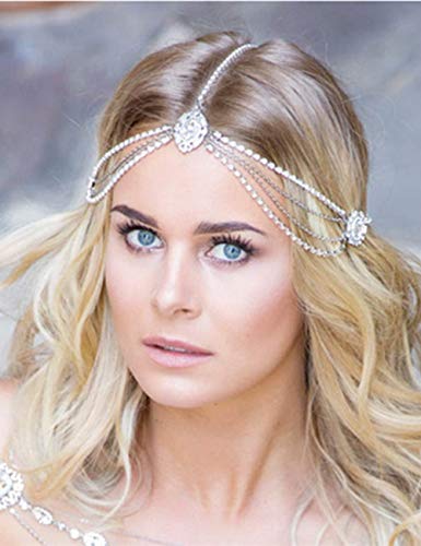 Missgrace Women Dainty Bohemian Rhinestones Gold Silver Head Chain Hair Accessories for Bridal and Girls (Gold)