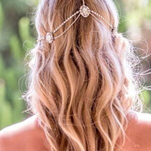 Missgrace Women Dainty Bohemian Rhinestones Gold Silver Head Chain Hair Accessories for Bridal and Girls (Gold)