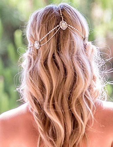 Missgrace Women Dainty Bohemian Rhinestones Gold Silver Head Chain Hair Accessories for Bridal and Girls (Gold)