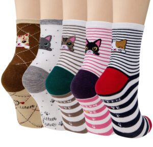 cute socks womens dog cat novelty animal socks for girl cartoon cotton casual crew funny socks 5 pairs, e cat style 1