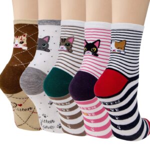 Cute Socks Womens Dog Cat Novelty Animal Socks for girl Cartoon Cotton Casual Crew Funny Socks 5 Pairs, E Cat style 1