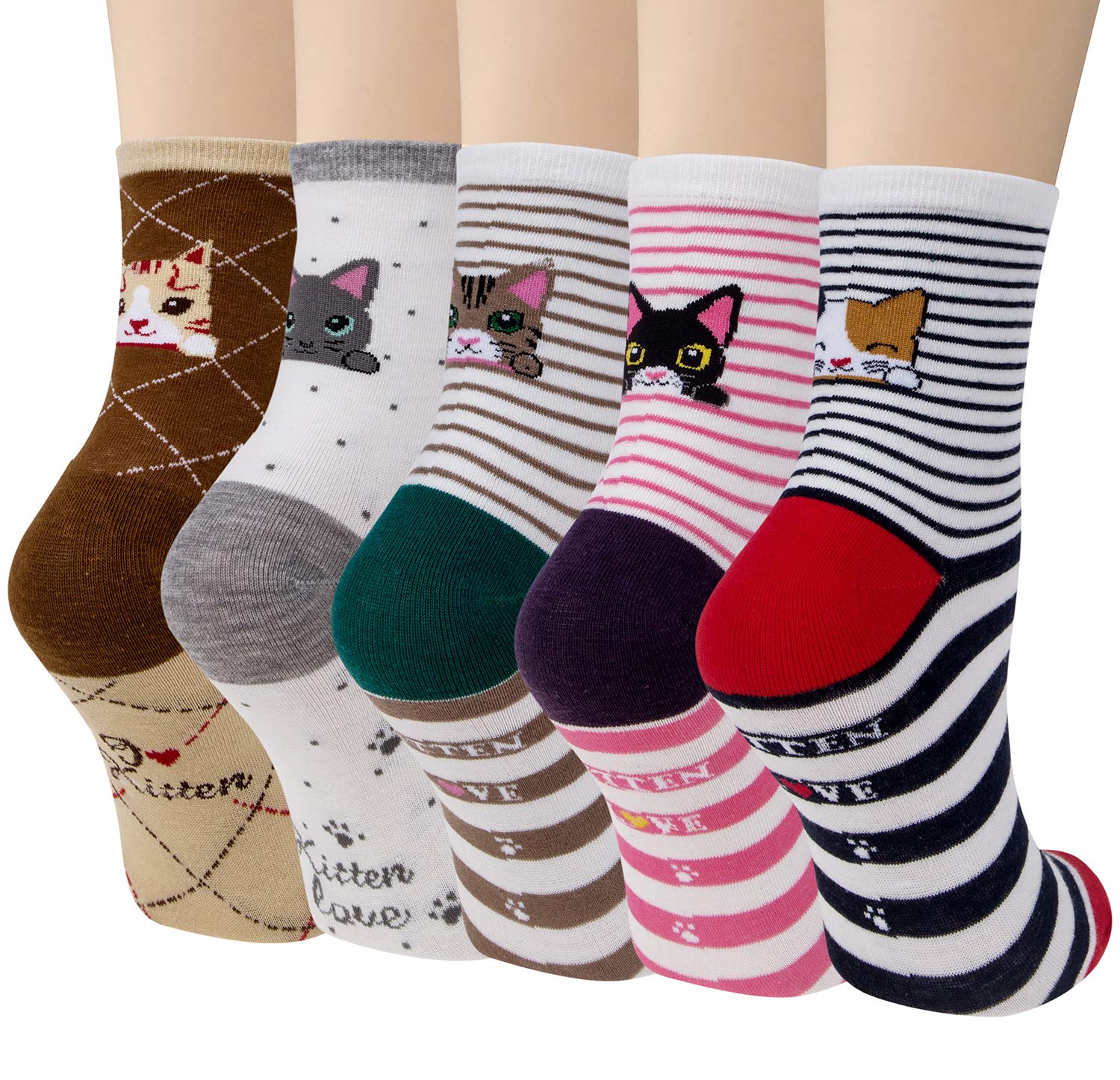 Cute Socks Womens Dog Cat Novelty Animal Socks for girl Cartoon Cotton Casual Crew Funny Socks 5 Pairs, E Cat style 1