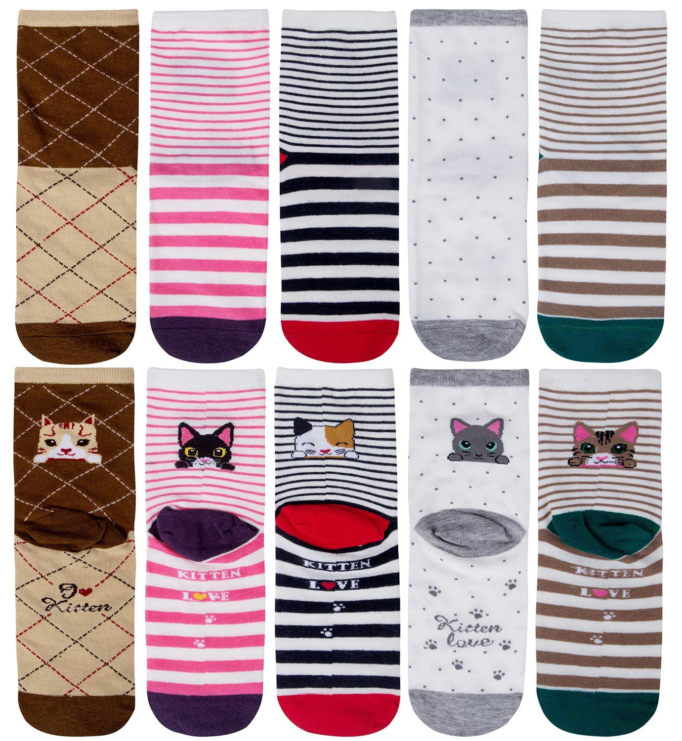 Cute Socks Womens Dog Cat Novelty Animal Socks for girl Cartoon Cotton Casual Crew Funny Socks 5 Pairs, E Cat style 1