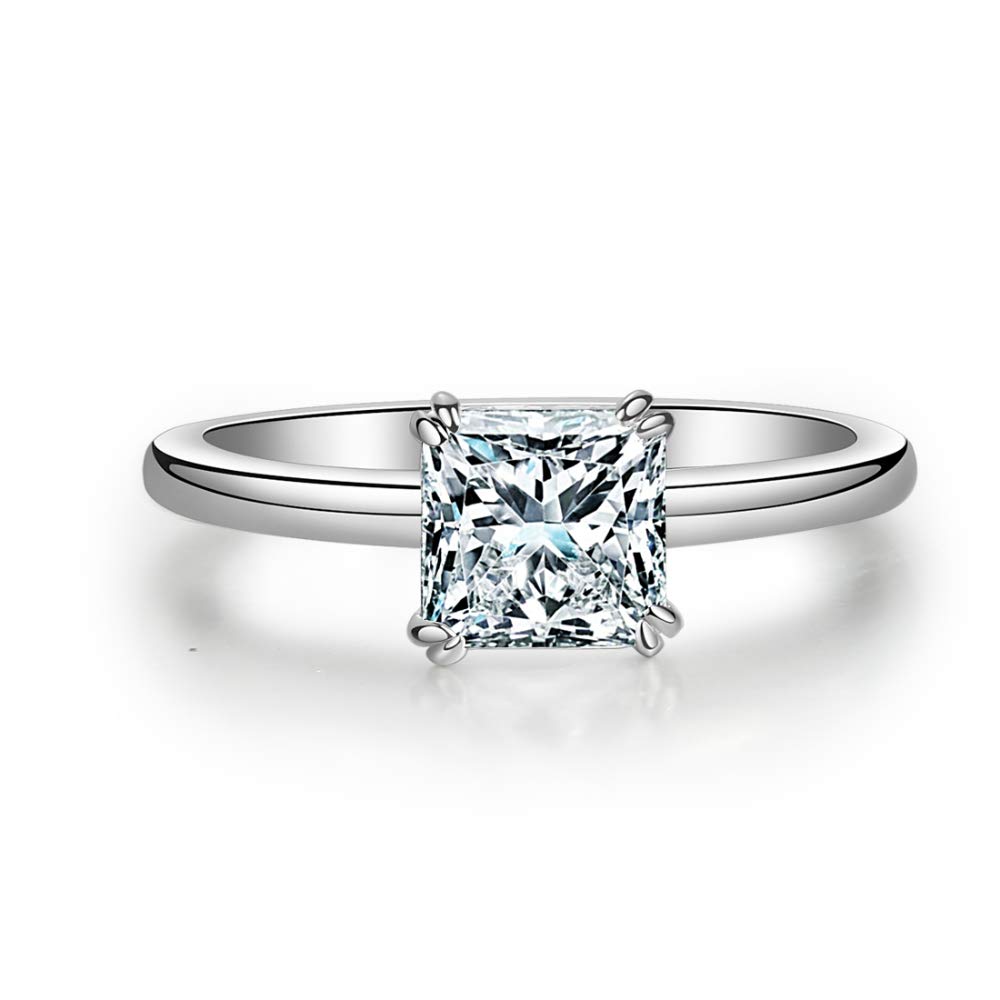 Simple Princess Cut Solitaire Engagement Ring Square 1.25 Ct Cubic Zirconia Bridal Ring 925 Sterling Silver (Silver, 6)