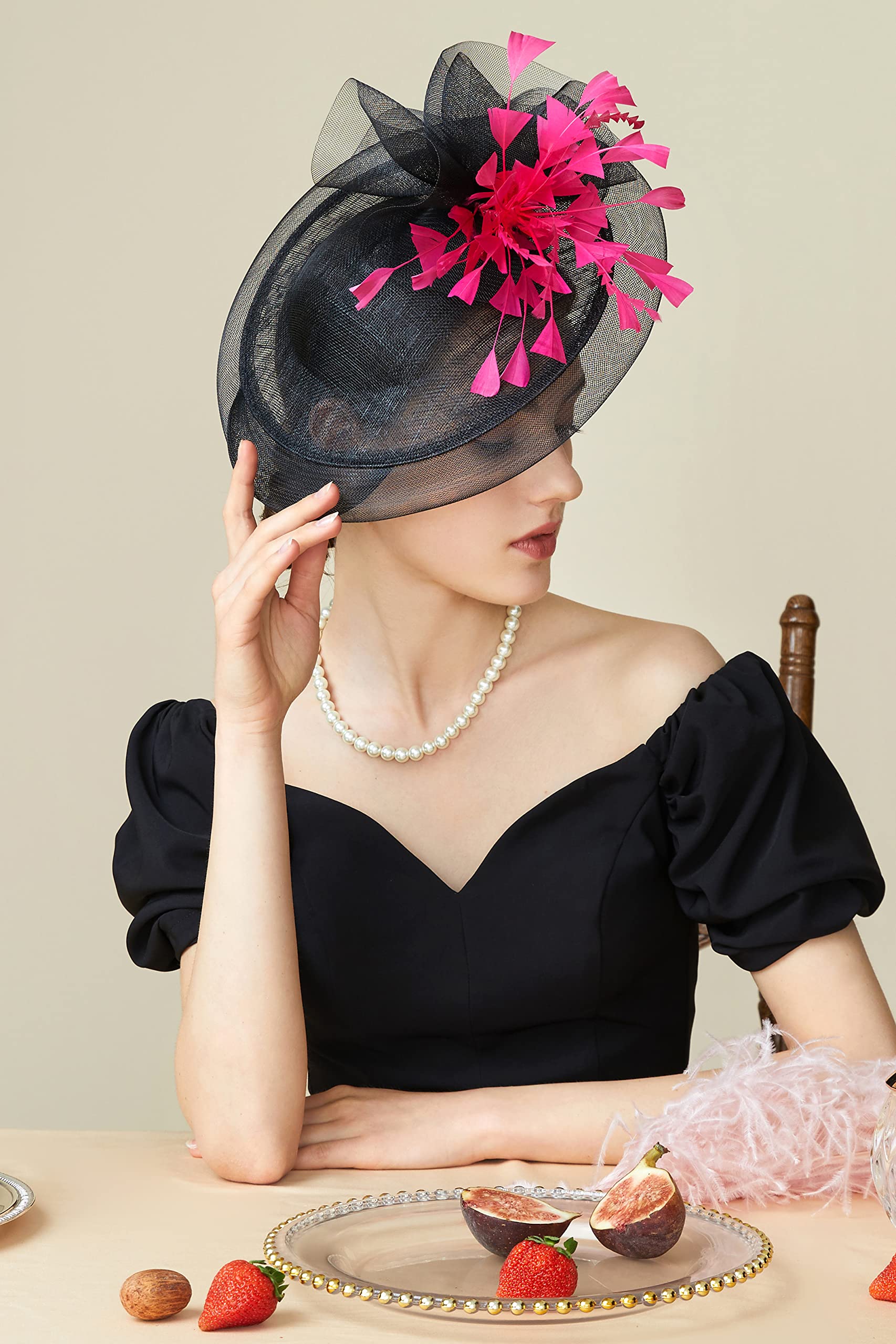 BABEYOND Fascinator Hat Veil Feather Fascinators Hair Clip Tea Party Pillbox Derby Hat Fascinator Bridal Wedding Veil A-black