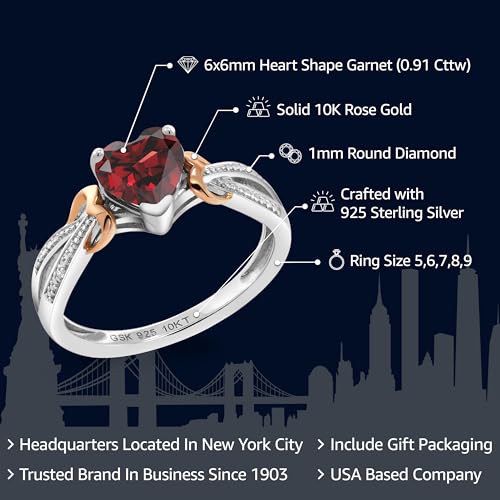 Gem Stone King 925 Silver and 10K Rose Gold 6MM Heart Shape Gemstone Birthstone and Diamond Engagement Ring | Wedding Anniversary Promise Ring For Women | Available In Size 5, 6, 7, 8, 9