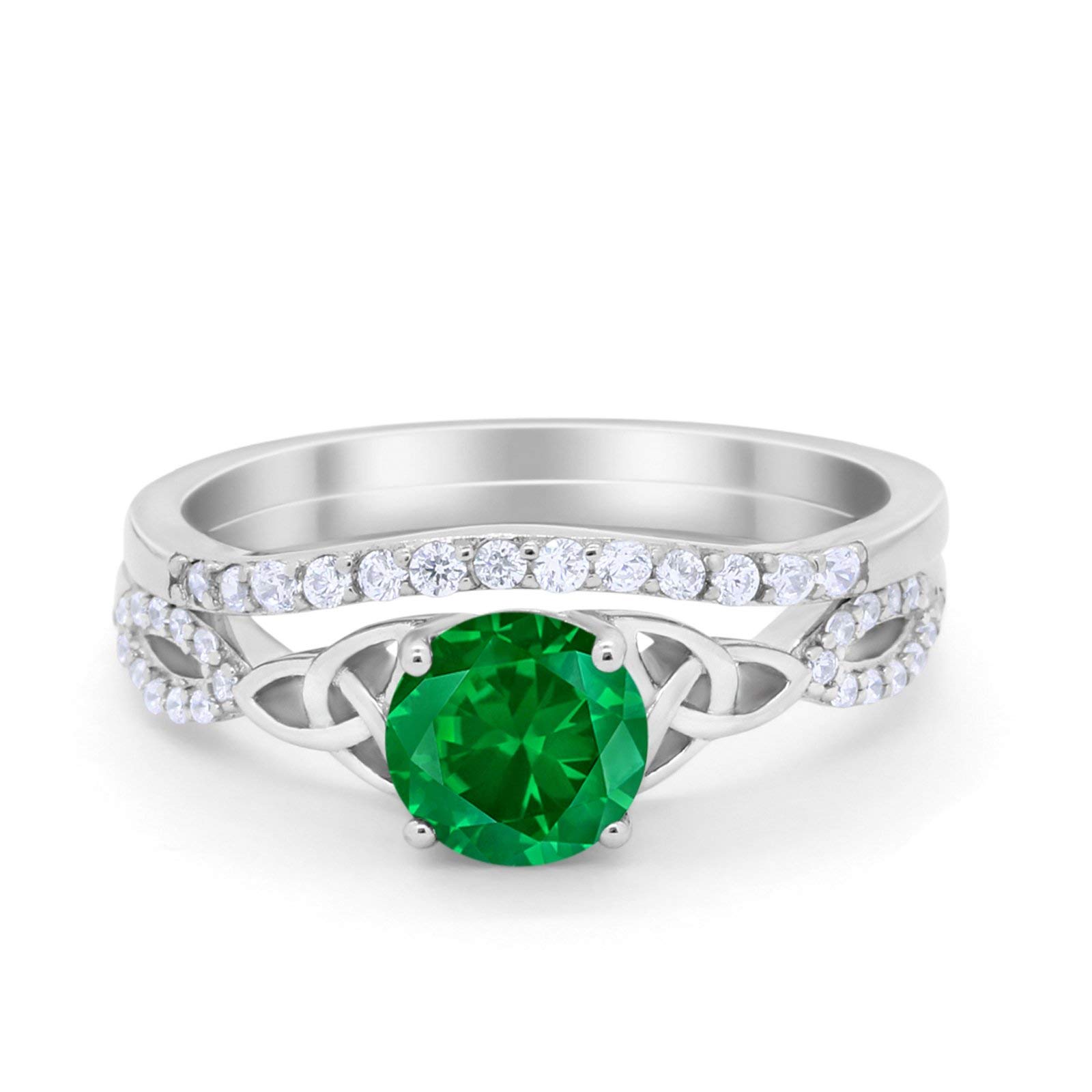 Blue Apple Co. Celtic Engagement Bridal Set Ring Band Round Simulated Green Emerald Cubic Zirconia 925 Sterling Silver Size-7