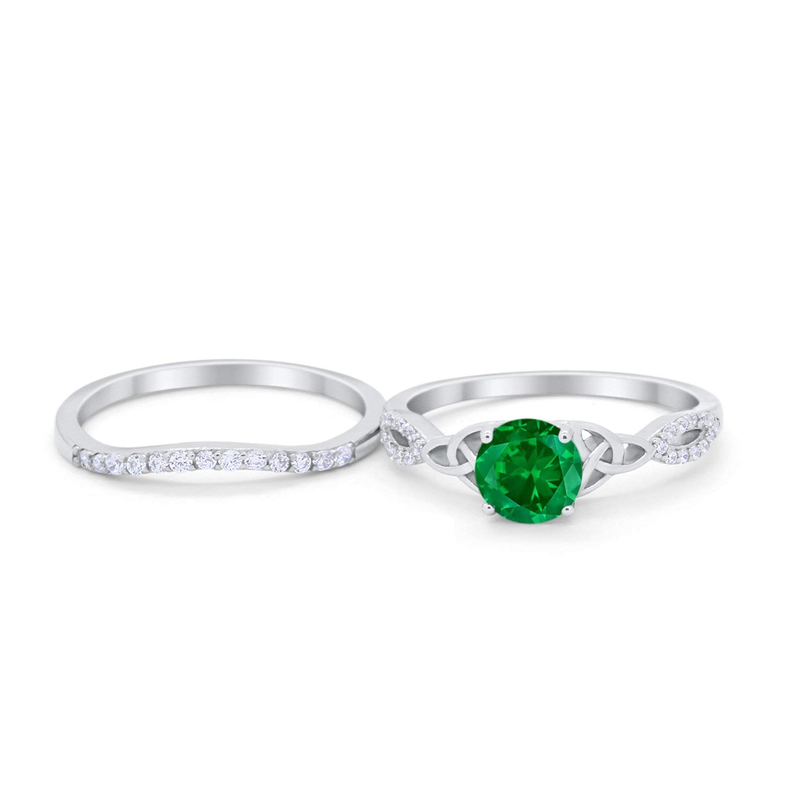 Blue Apple Co. Celtic Engagement Bridal Set Ring Band Round Simulated Green Emerald Cubic Zirconia 925 Sterling Silver Size-7