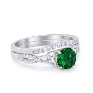 Blue Apple Co. Celtic Engagement Bridal Set Ring Band Round Simulated Green Emerald Cubic Zirconia 925 Sterling Silver Size-7