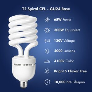 Xtricity CFL, 65W (300 Watt Equivalent), High Lumen 4000 Light Bulb, 4100K Cool White T5 Spiral, Compact Fluorescent, 4000 Lumens, E26 Medium Base, 120V, UL Listed